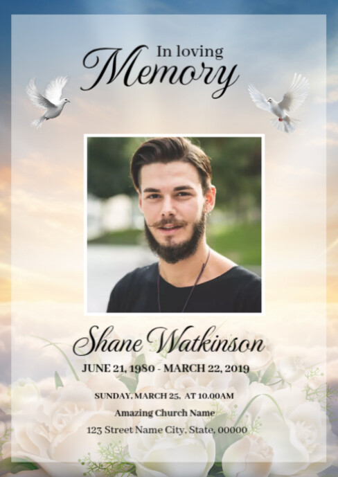 Heavenly Sky Funeral program announcement template | PosterMyWall