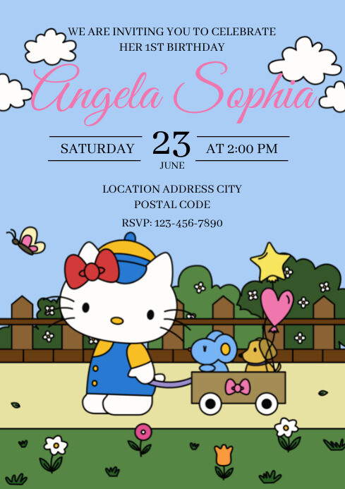 Modèle Hello Kitty 1st Birthday Invitation Template | PosterMyWall