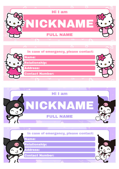Hello Kitty and Kuromi Kids Bag Tag & Name Tag Template | PosterMyWall