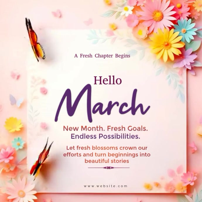 Hello March Spring Floral Quote Template | Elegant Pink Blossom Social ...