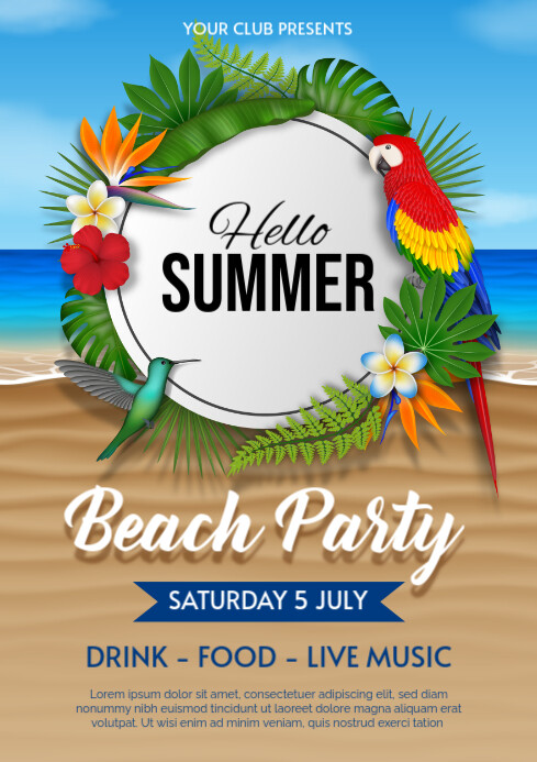 hello summer beach party poster with tropical leaves and birds on beach ...