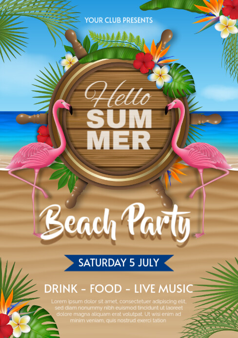 hello summer beach party poster with wooden shipwheel, flamingos and ...