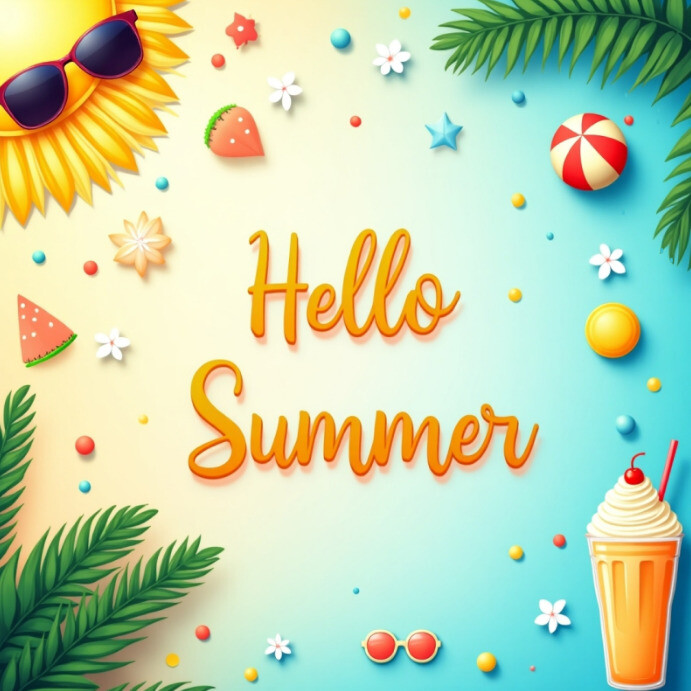 Hello Summer Graphic with Bright Colors and Tropical Elements for ...