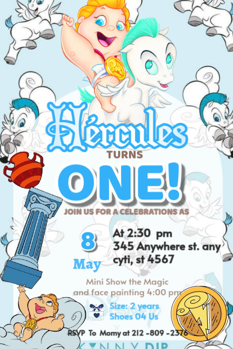 Hercules baby Invitation baby one Brithday invitation party temple flayer editablet celebration ...