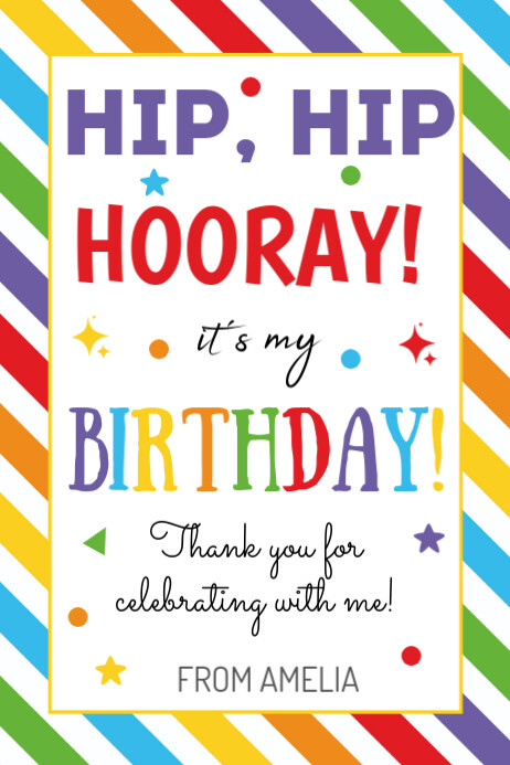 Hip Hip Hooray Birthday Treat Tag, Kids Classroom Gift Label for School ...