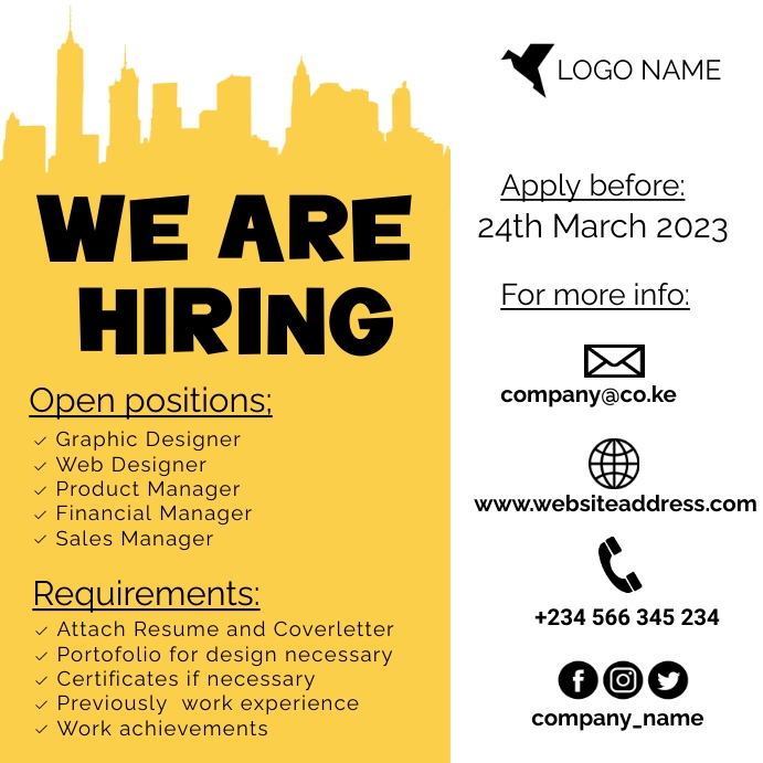 Hiring / recruitment post Template | PosterMyWall