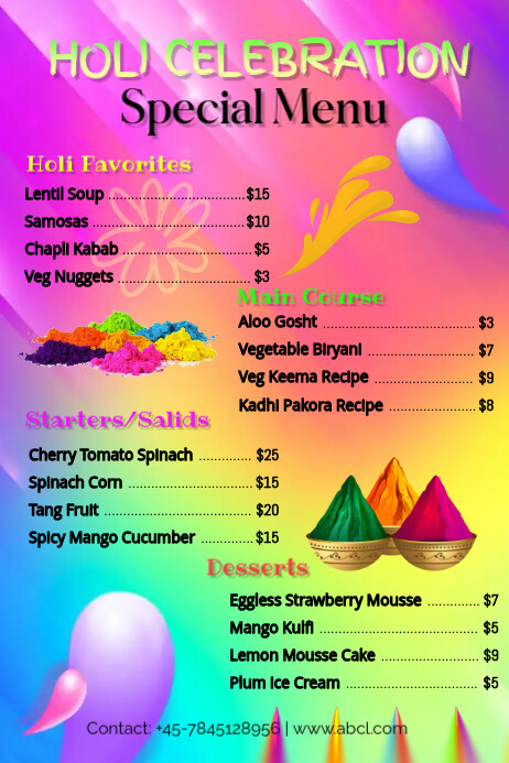 holi party menu Template | PosterMyWall