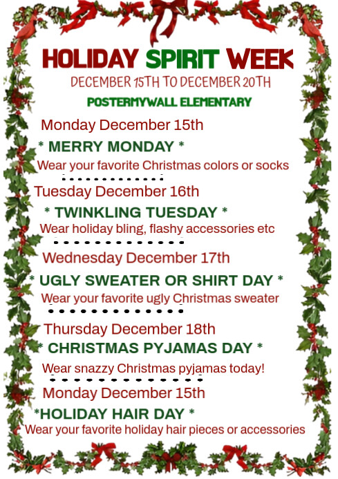 Copy of Holiday spirit week flyer poster template printable | PosterMyWall