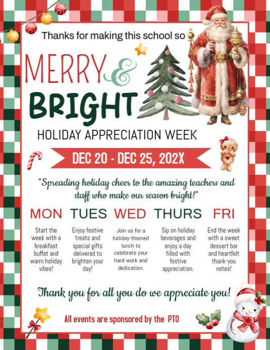 Copy of Holiday Theme Teacher Staff Appreciation Week Itinerary Flyer ...
