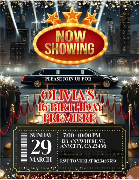 Hollywood Red Carpet Sweet 16 Premiere Invitation Flyer Template ...