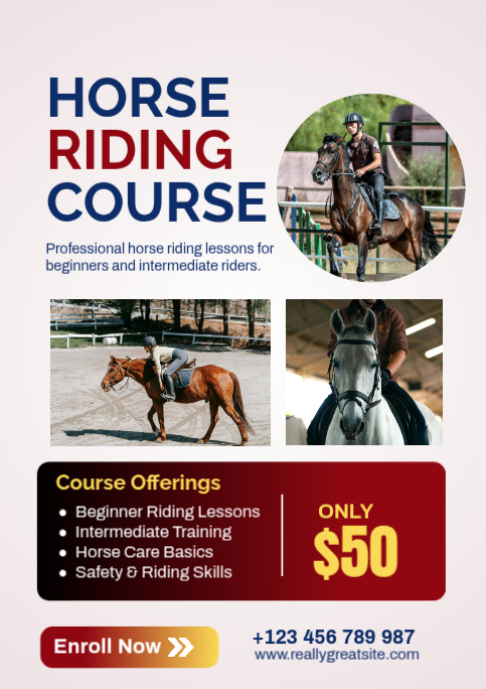 Plantilla de Horse Riding Course — Equestrian Training & Lessons Flyer ...