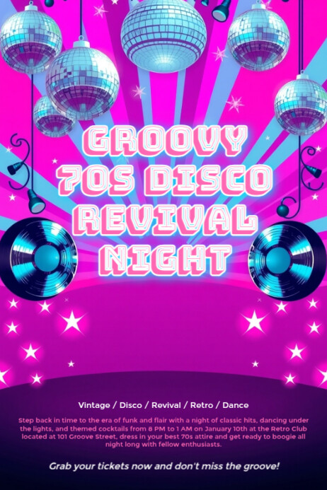 Hot Pink Groovy Retro 70s Disco Revival Night Poster Design Template ...