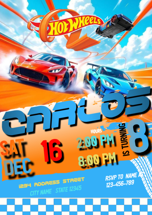 hot wheels invitation celebration happy Brithday party temple editable ...