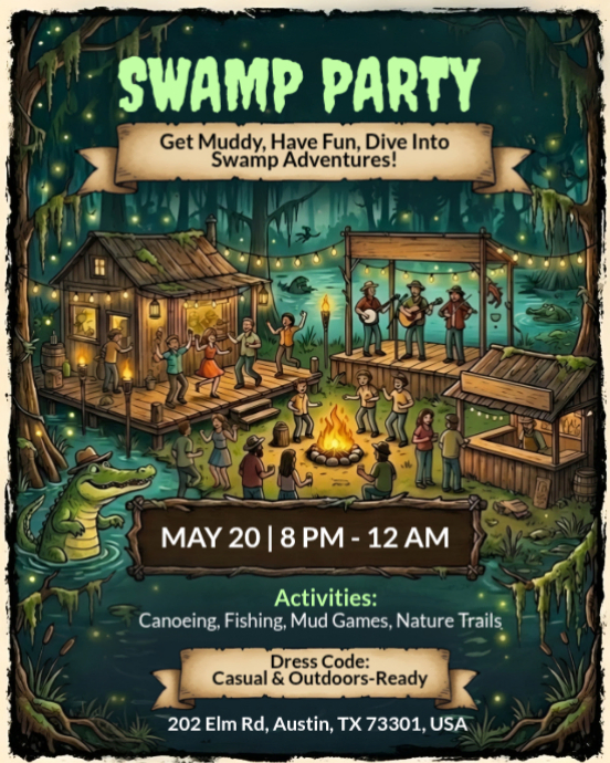 Plantilla de Illustrated Bayou Swamp Party & Outdoor Bonfire Event ...