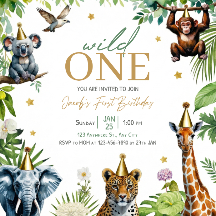 Illustrative Baby Safari Animals Invitation Template Square (1:1 ...