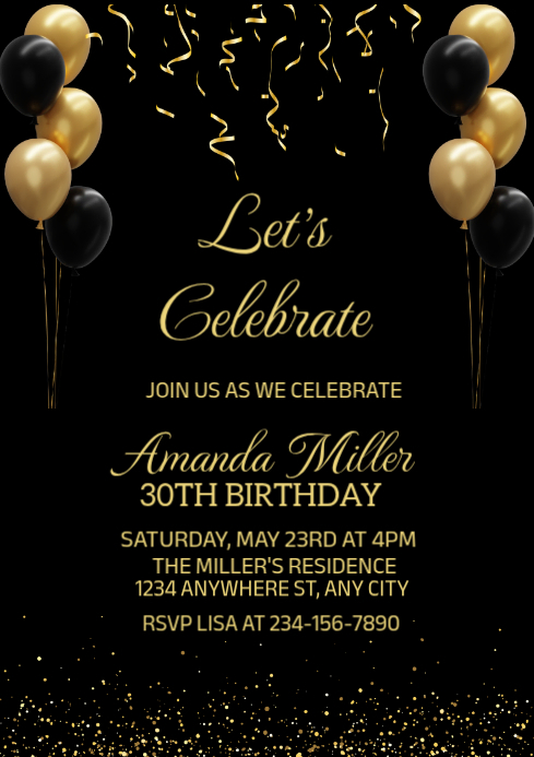 Illustrative Black And Gold Balloon Birthday Invitation Template A4 ...