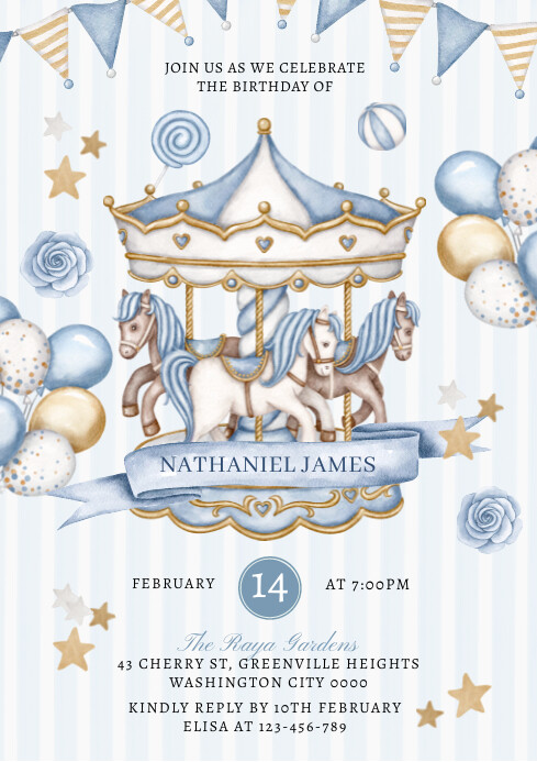 Copy of Illustrative Blue Carousel Birthday Invitatio | PosterMyWall