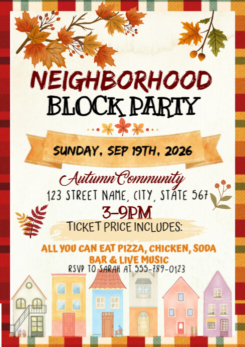 Illustrative Fall Neighborhood Block Party A4 Template | PosterMyWall
