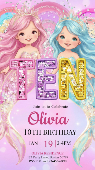 Illustrative Mermaid 10th Birthday Invitation Instagram Story Template ...