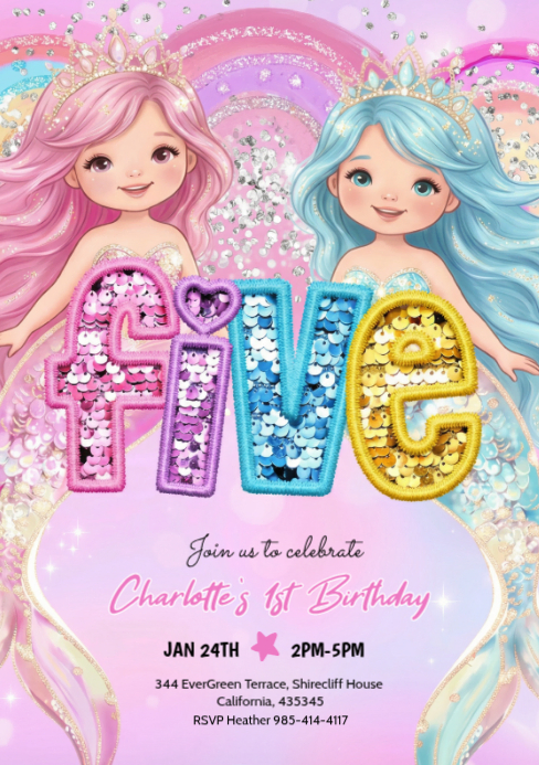 Illustrative Mermaid 5th Birthday Invitation A5 Template | PosterMyWall