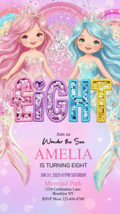 Illustrative Mermaid 8th Birthday Invitation Instagram Story Template ...