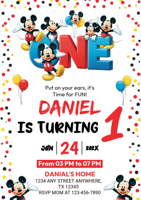 Illustrative Minnie Mouse 1st Birthday Invitation Template A4 ...