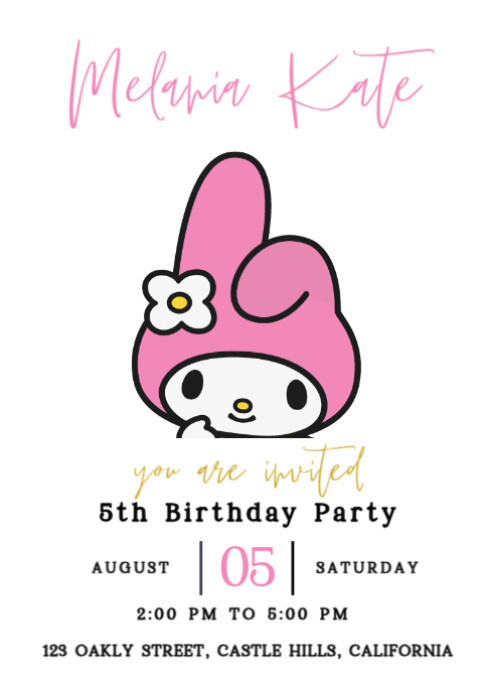 Illustrative My Melody Birthday Invitation A6 Template | PosterMyWall