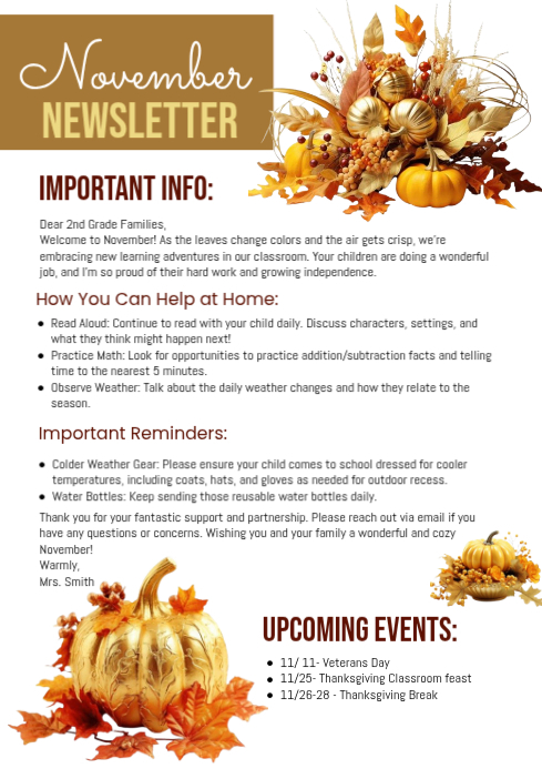Illustrative November Classroom Newsletter A4 Template | PosterMyWall