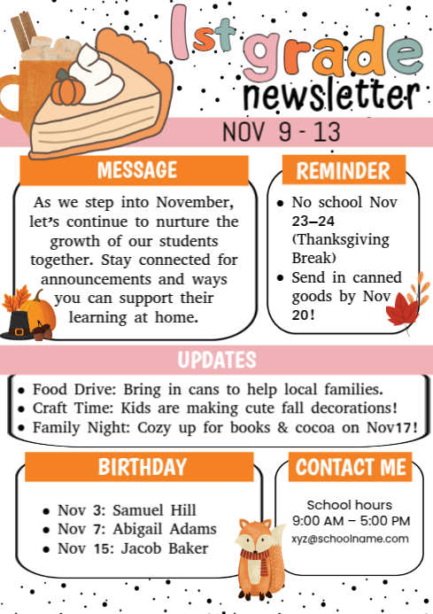 Illustrative November Thanksgiving Classroom Newsletter A4 Template ...