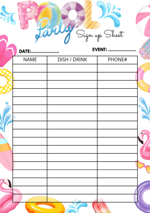 Illustrative Pool Party Signup Sheet A4 Template | PosterMyWall