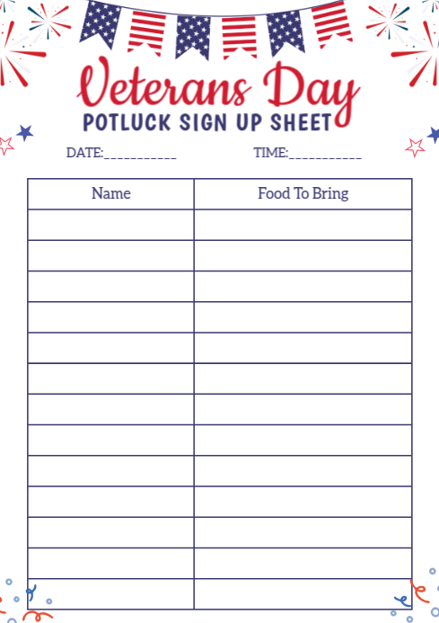 Illustrative Potluck Sign Up Sheet For Veterans Day 2025 A4 Template ...