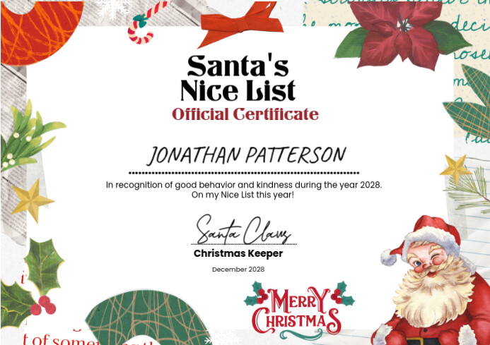 Illustrative Santa's List Certificate A4 Template | PosterMyWall