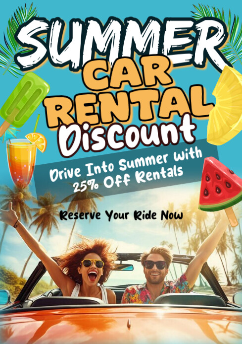 Illustrative Summer Car Rental Discount A4 Template | PosterMyWall