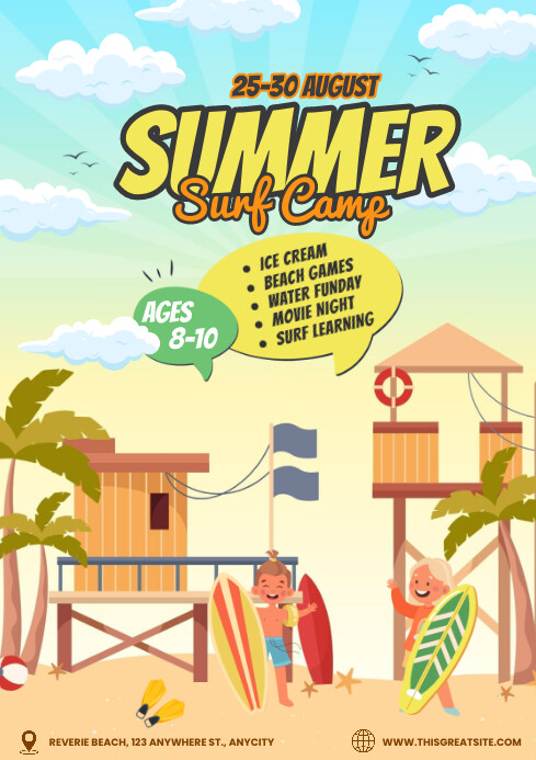 Plantilla de Illustrative Summer Surf Camp A4 | PosterMyWall