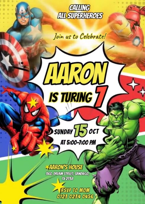 Illustrative Superheroes Birthday Invitation A6 Template | PosterMyWall