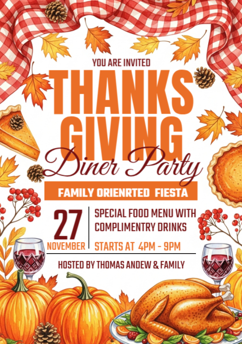 Illustrative Thanksgiving Dinner Party A4 Template | PosterMyWall