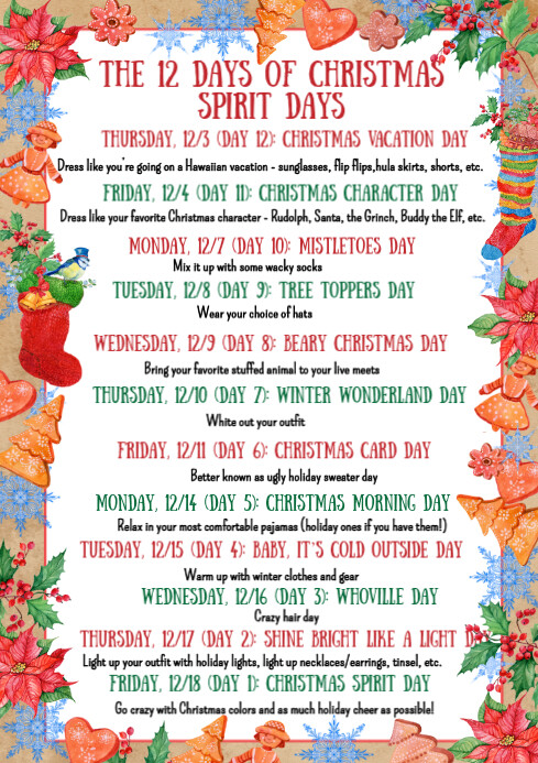 Copy of Illustrative The 12 Days Of Christmas Spirit Days A4 | PosterMyWall