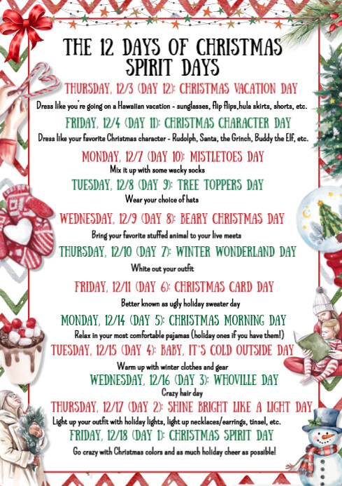 Copy of Illustrative The 12 Days Of Christmas Spirit Days A4 | PosterMyWall