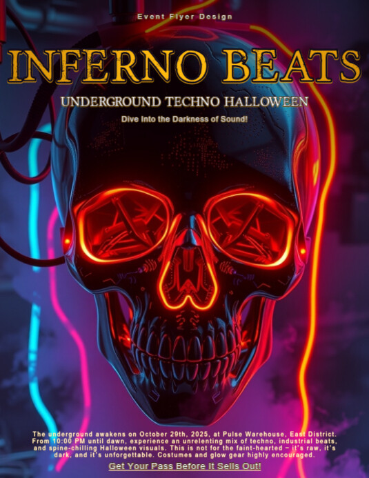 Inferno Beats – Underground Techno Halloween Editable Flyer Template | PosterMyWall
