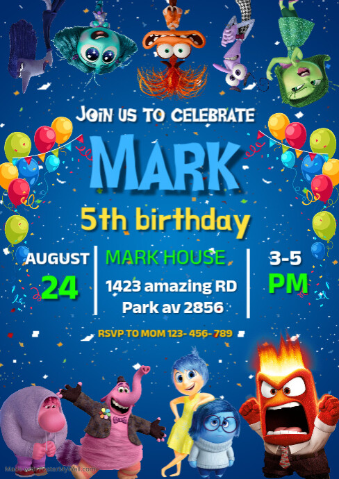 inside out 2 blue animated birthday invitati templaat | PosterMyWall