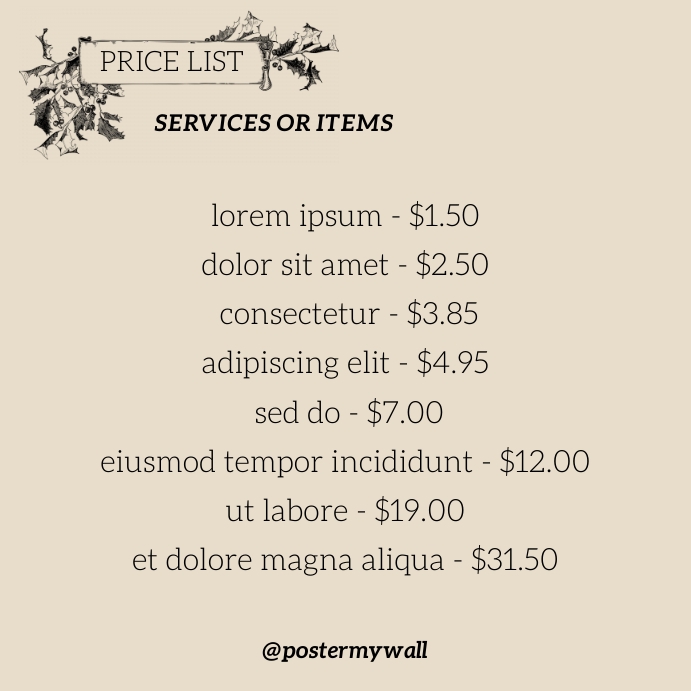 Instagram Price List Clean Template | PosterMyWall