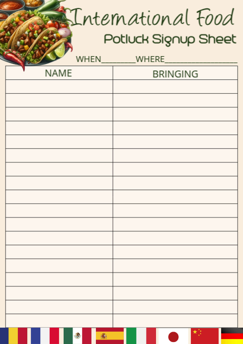 International Food Potluck Signup Sheet A4 Template | PosterMyWall