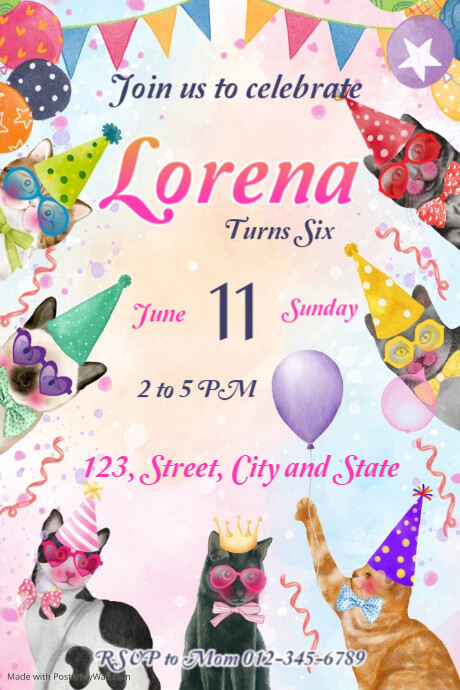 Invitatation Birthday Meow Cat Party Template | PosterMyWall