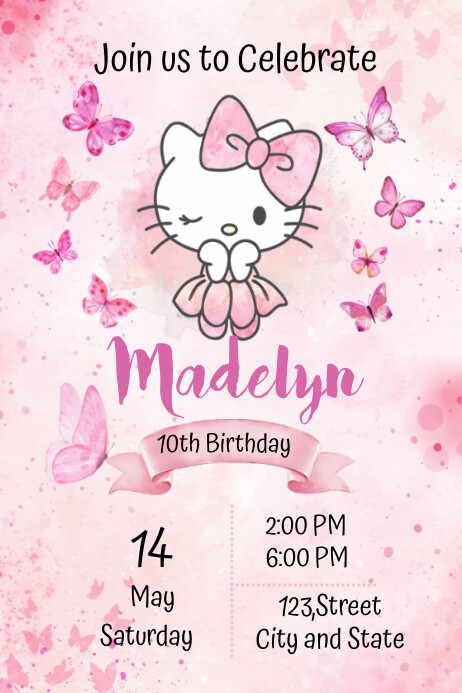 Invitation Birthday Hello Kitty Watercolor Pi Template | PosterMyWall