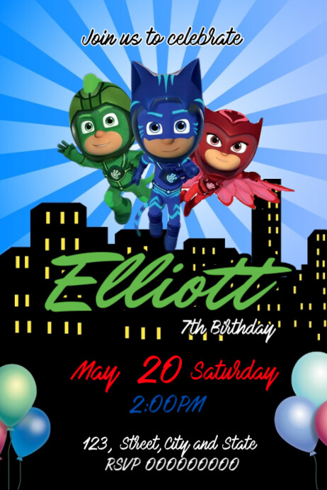 Invitation Birthday PJ Masks Template | PosterMyWall