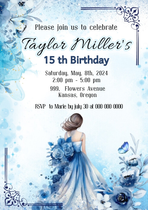 Plantilla de Invitation Fifteen years Watercolor Blue | PosterMyWall