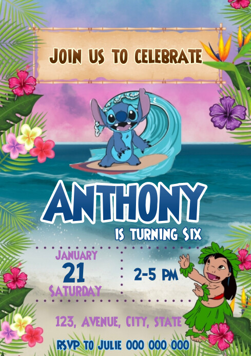 Invitation Lilo and Stitch Summer Surfboard Template | PosterMyWall