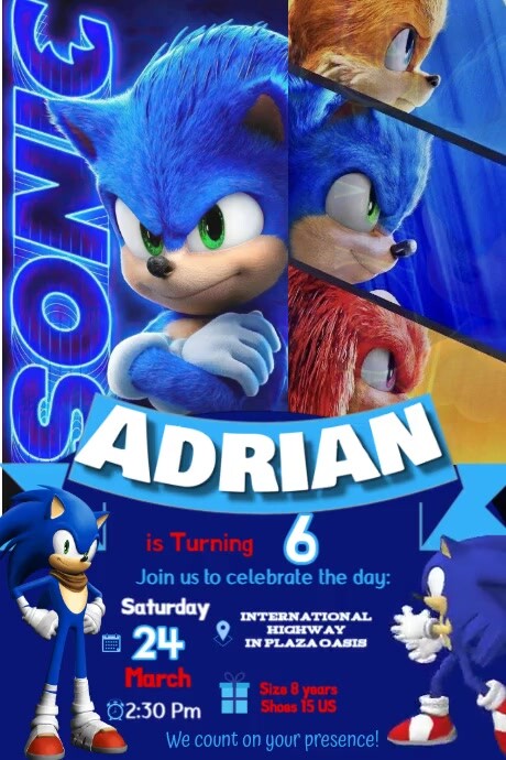 Invitation Sonic boy celebration happy Brithday party temple Sonic Template | PosterMyWall