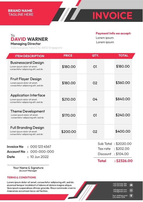 Modern Red Invoice Template | PosterMyWall