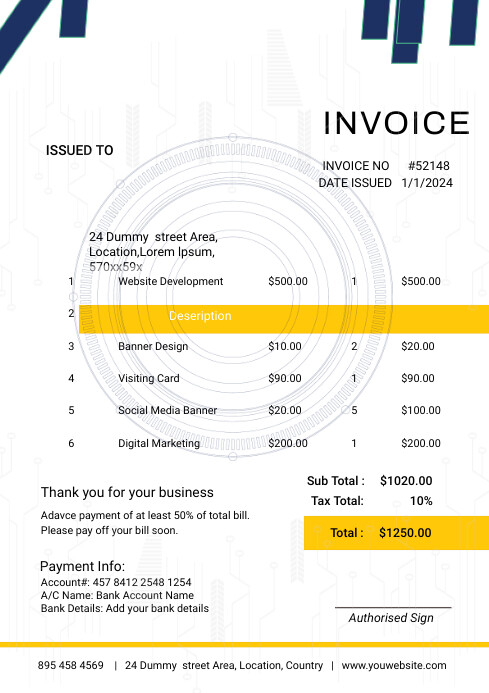 Invoice Template yellow color (2) | PosterMyWall